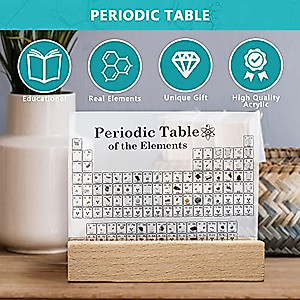 MegaBox Periodic Table Of Elements with 83 Real Elements, Acrylic Periodic Table Display With Wooden Stand, 6x Chemistry Formula Reference Cards, Science Teacher Gift Classroom Decoration