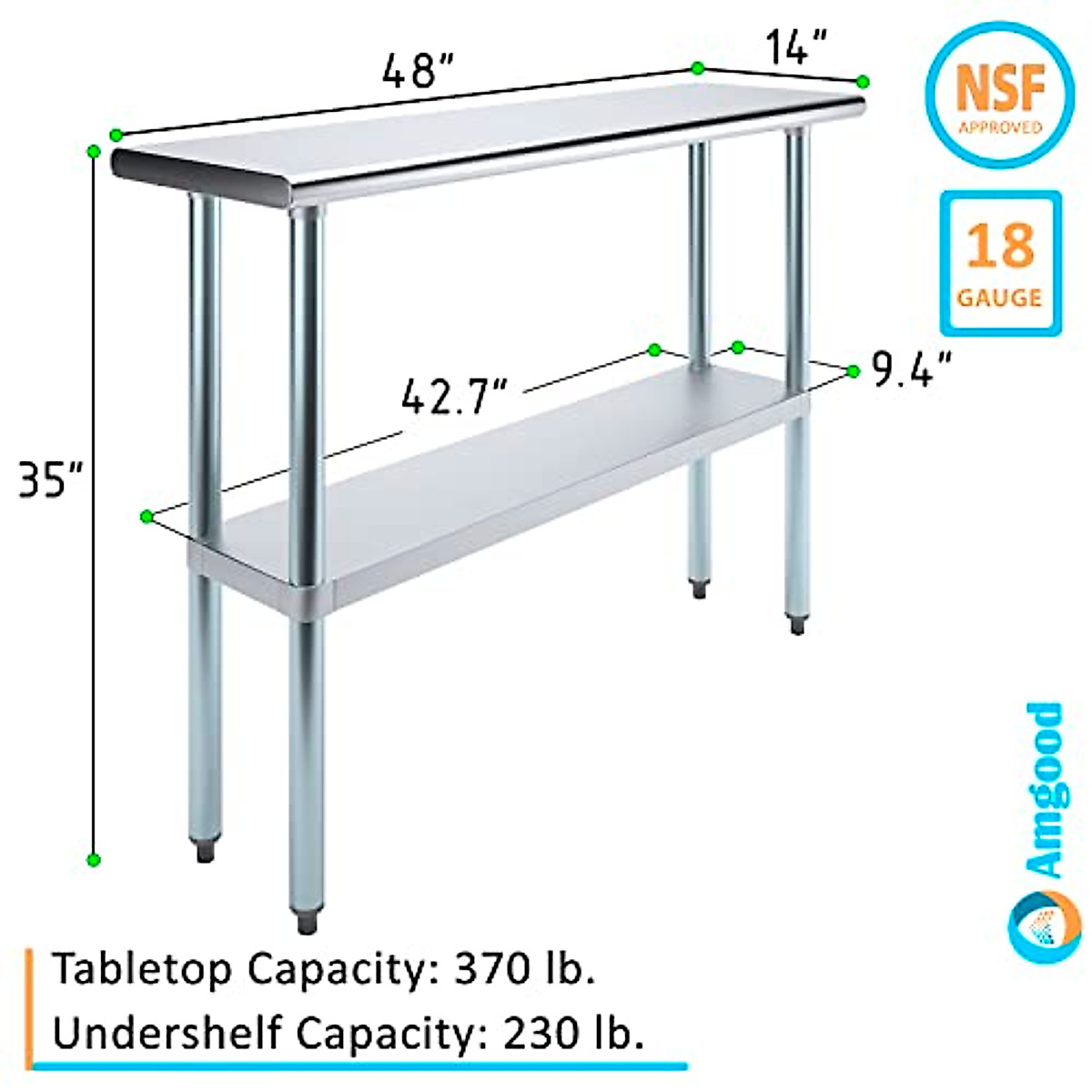 AmGood Stainless Steel Work Table with Undershelf | Food Prep NSF | Utility Work Station | (48" Length X 14" Width)