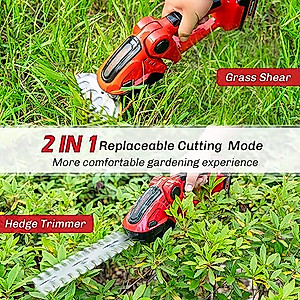 SCHTUMPA 21V 1260-RPM Cordless Grass Shears, 2-in-1 Mini Hedge Trimmer Cordless, Handheld Grass Trimmer Cordless, Electric Bush Trimmer Cordless, 2 Batteries and Charger Included,Red