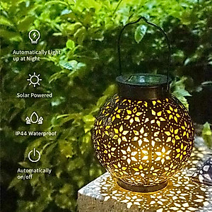 2 Pack Solar Lanterns Outdoor Waterproof Hanging Metal LED Decorative for Patio Garden Courtyard Lawn and Tabletop，Black