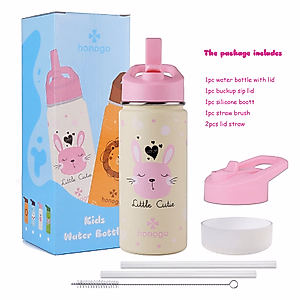 honogo 16 oz Stainless Steel Insulated Kids Water Bottle, Leak Proof Metal Thermos Flask with Straw lid, Cute Toddler Tumbler Cup for School Girls & Boys (Pink, Bunny)