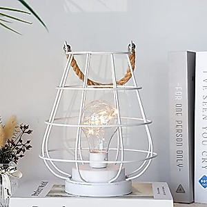 JHY DESIGN Decorative Cage Bulb Lamp Battery Powered Lights 8.5" Tall Cordless Accent Light with Edsion Style Bulb Great for Weddings Parties Patio Events for Indoors Outdoors(White)