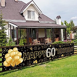 Pimvimcim Happy 60th Birthday Banner Decorations Supplies for Women & Men - Black Gold Sixty Birthday Party Sign Backdrop - 60 Year Old Birthday Party Background Decorations