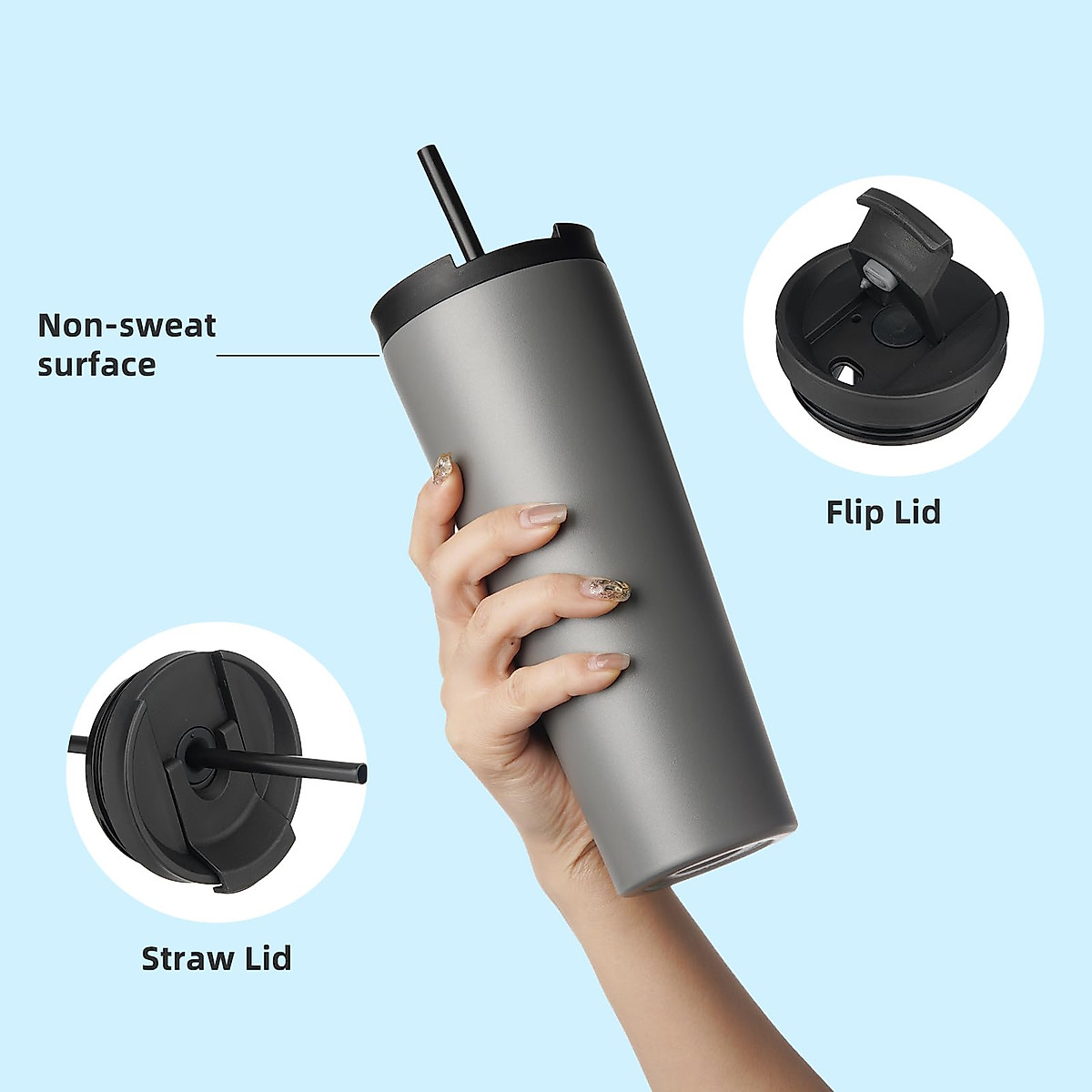 Konokyo 26 OZ Insulated Tumbler with Lid and 2 Straws Stainless Steel Water Bottle Vacuum Travel Mug Coffee Cup,Gray