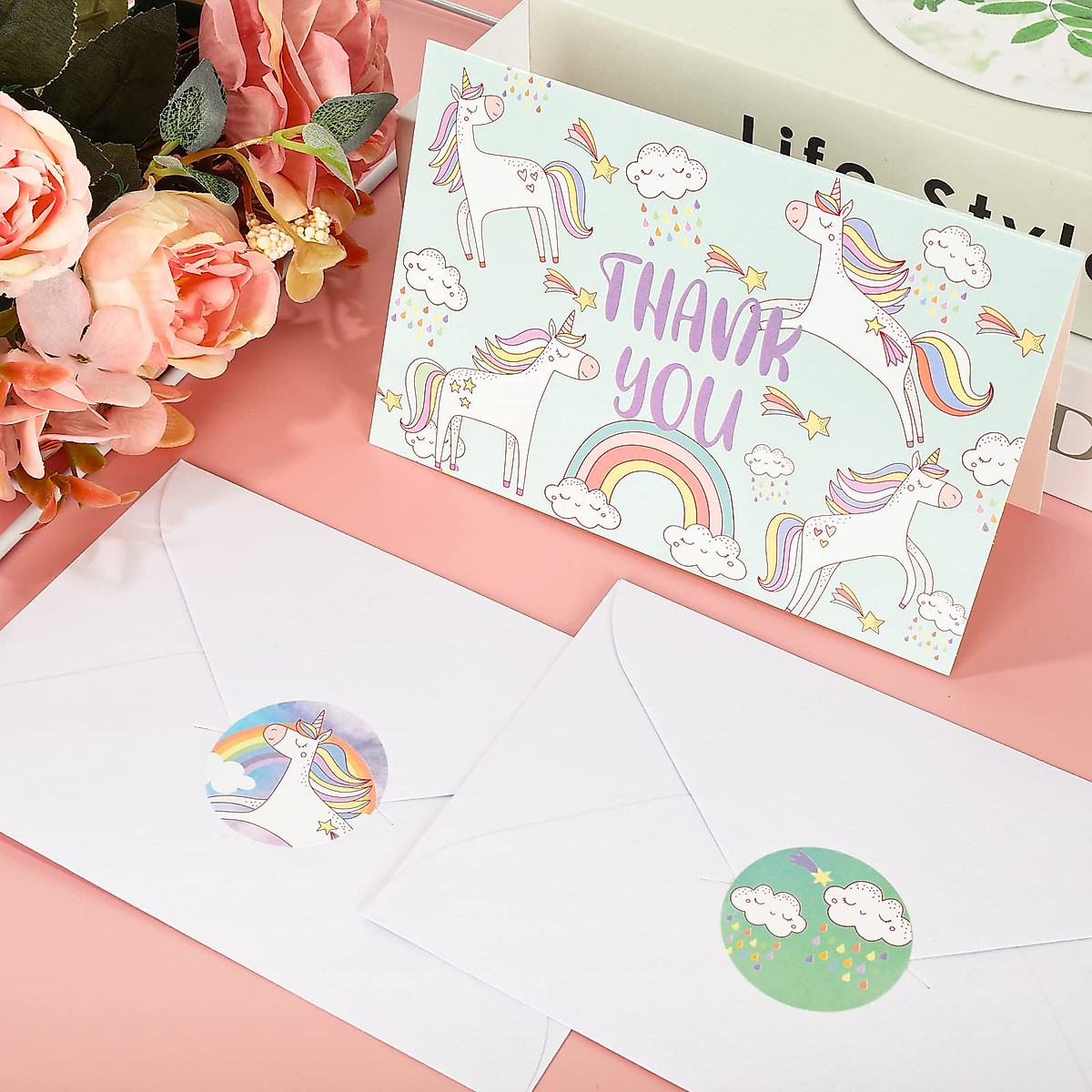 AnyDesign Thank You Cards 30 Pack Rainbow Note Cards with Matching Seal Stickers Envelopes Cartoon Greeting Blank Cards for Baby Shower Wedding Birthday Party Supplies, 4 x 6 Inch