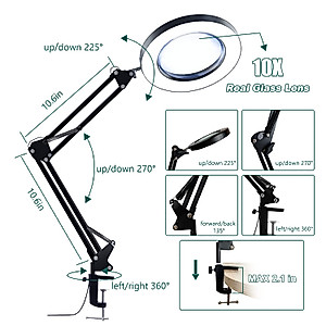 10X Desk Magnifying Glass with Light, 72LED 12W Magnifying Lamp, Magnifying Work Light, 3 Color Modes Stepless Dimmable Craft Lamp, Magnifying Glasses with Light for Close Work Reading Repair