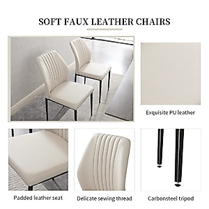 ZckyCine Modern 5-Piece Kitchen Table Set Rectangular Wood Dining Table with 4 Upholstered Leather Chairs (47.2" Table + 4 White Chairs)