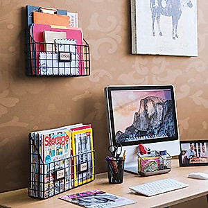 Wall35 Rivista File Holder Home Office Desk Organizer, Wall Mounted Wide Chicken Wire Mail Organizer and Magazine Holder, Metal, Black