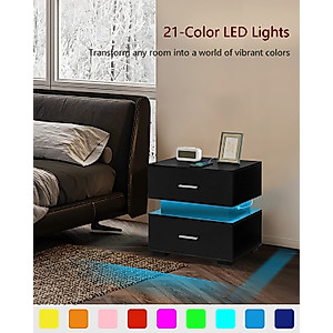 WEENFON Night Stands, LED nightstand with Charging Station, Bedside Table with 2 Wider and Deeper Drawers, Nightstand, Modern Design, End Side Table, Black