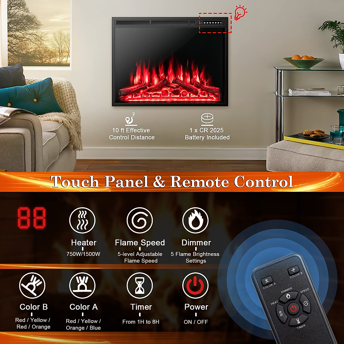 Tangkula 34 Inches Electric Fireplace Insert, Recessed and Freestanding Fireplace Heater with Touch Panel, Remote Control, Overheat Protection, 4 Flame Colors, 4 Log Colors, 750W/1500W