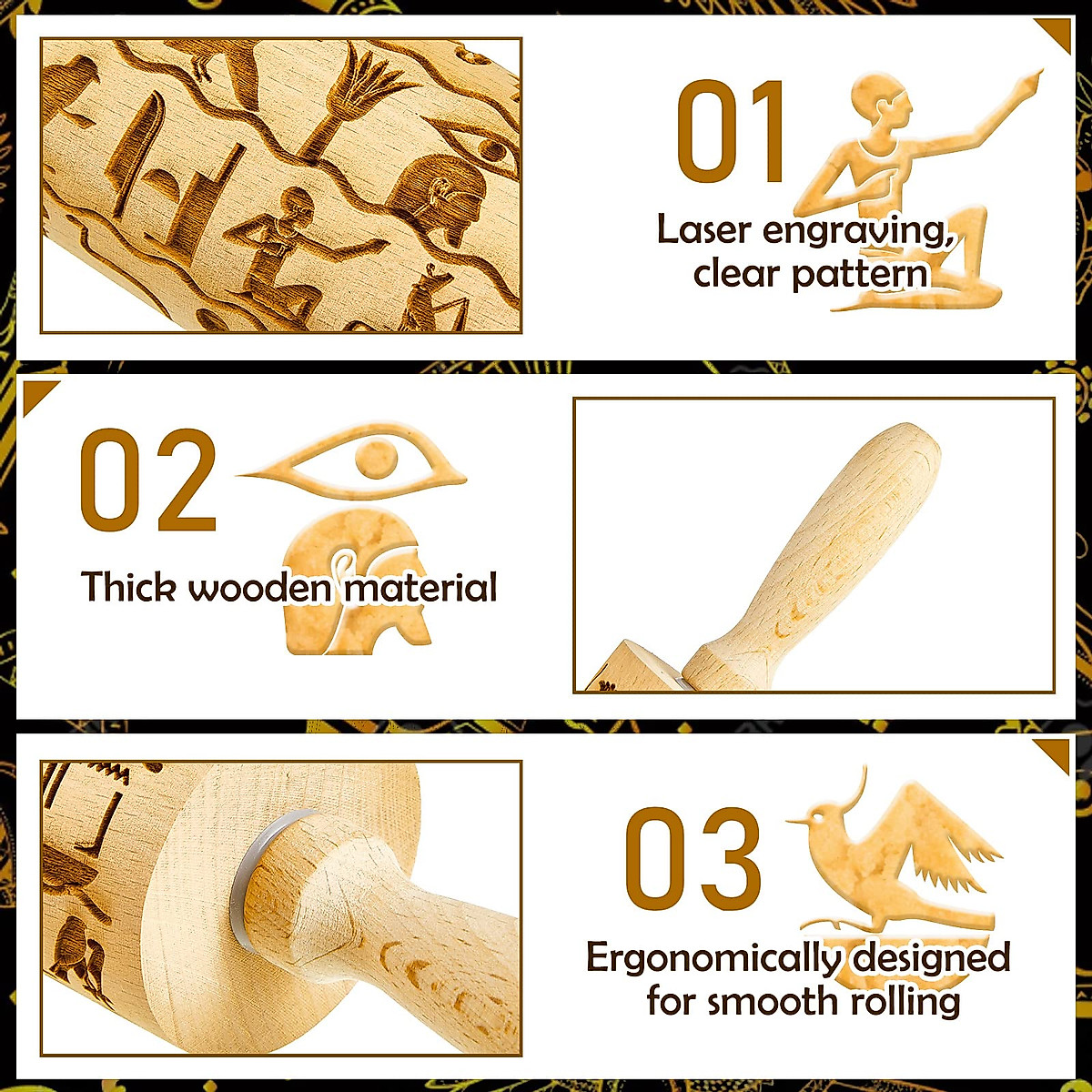 Rolling Pins for Baking Egypt Hieroglyphs Engraved Embossing Rolling Pin 15 Inches Embossed Rolling Pin Kitchen Tools for Egyptian Theme Baking Embossed Cookies for Women Mom Birthday Gift