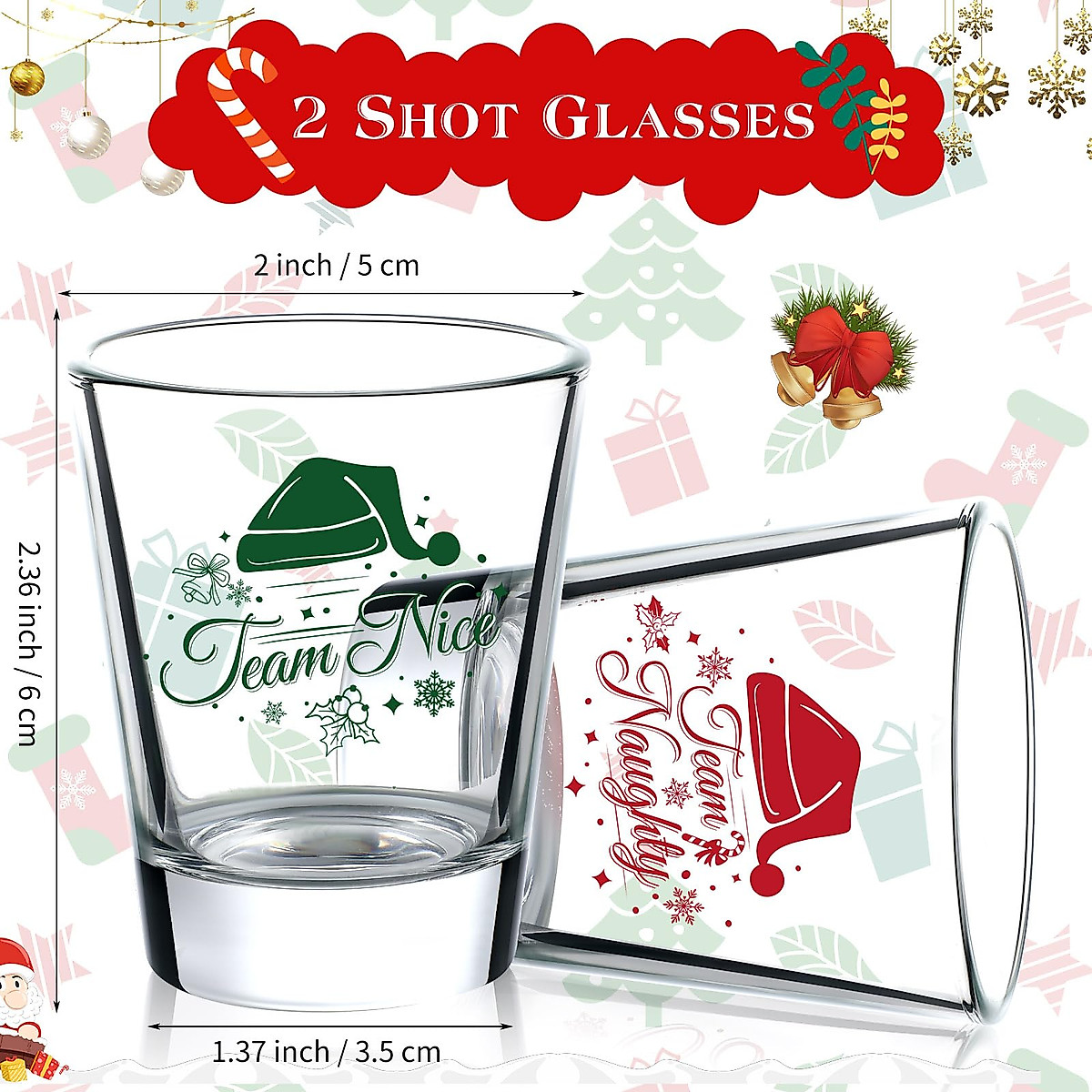2 Pcs Shot Glasses Christmas Team Naughty and Team Nice Novelty Glass 2 oz Xmas Liquor Glass Green Red Christmas Hat Funny Heavy Glass for Holiday Celebrating Wedding Party Game Gift Supplies