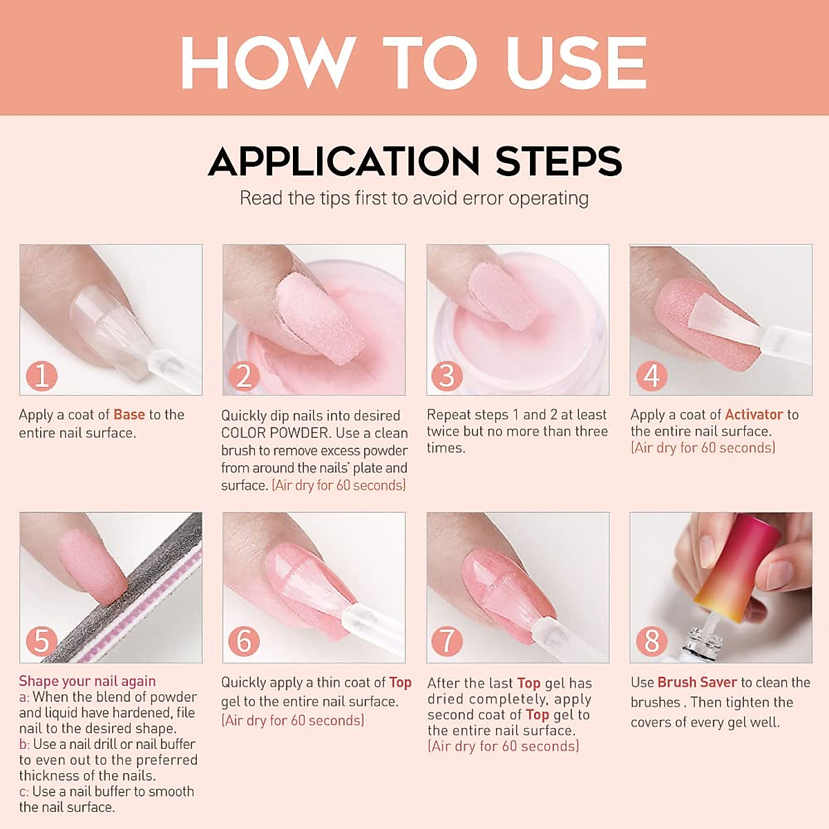 Modelones 4+4 Pcs Dip Powder Liquid Set, Dipping Powder System Set with Base Coat/Top Coat/Activator/Brush Saver/Manicure Tools for Nail Art DIY Salon