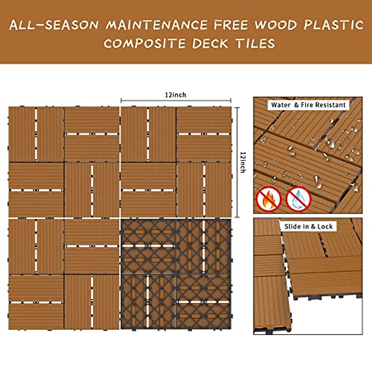 TONAHUTU 6PCS Interbuild Hardwood Interlocking Patio Deck Tiles, 12"x12" Wood Plastic Composite Tiles Outdoor Flooring for Patio Garden Deck Poolside Click Floor Decking Tile - Teak