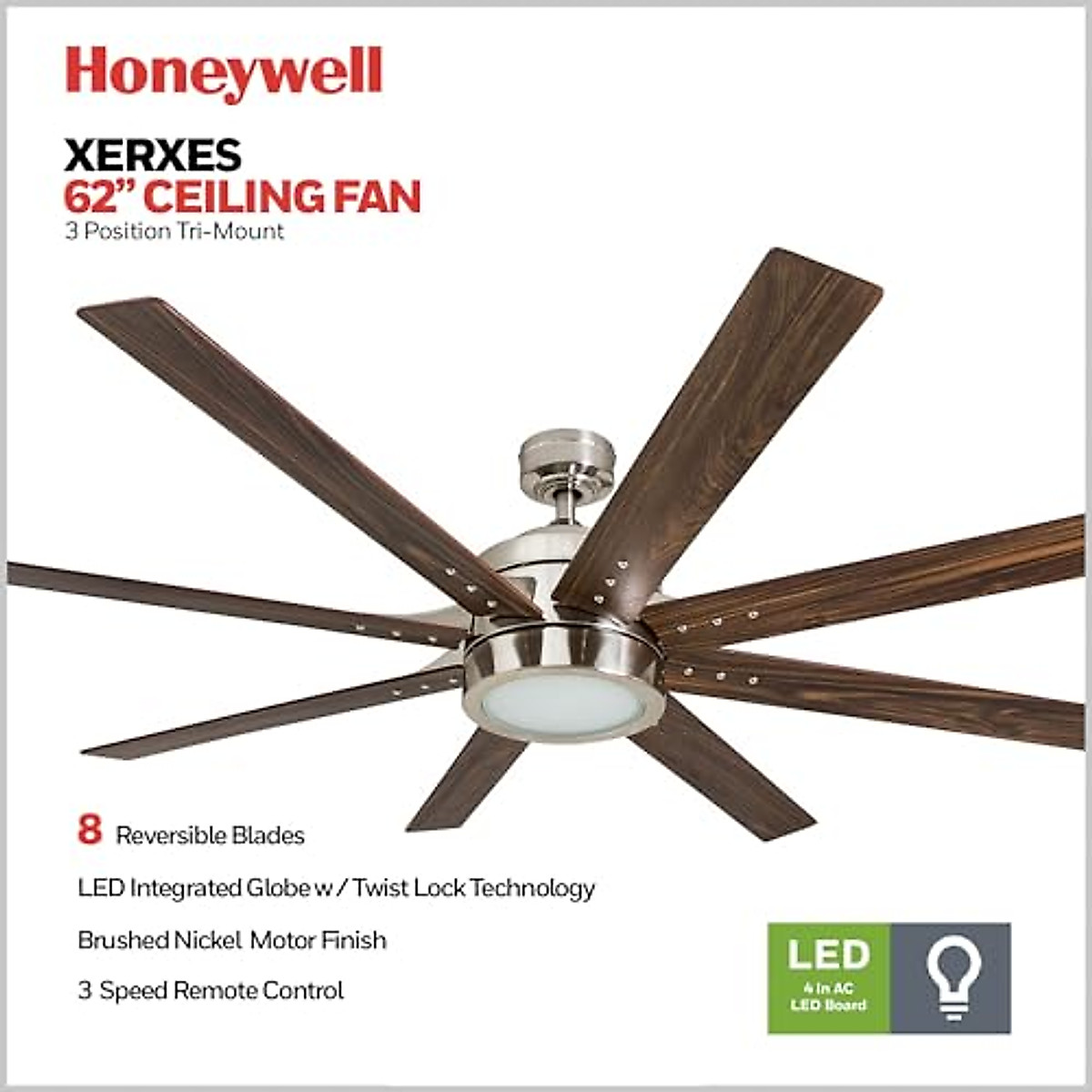 Honeywell Ceiling Fans Xerxes Modern 62 Inch Ceiling Fan with Light, Remote Control Fan, LED Indoor Fan with 8 Blades, French Oak and Gray Oak Blade Finish Options, Brushed Nickel (50608-01)