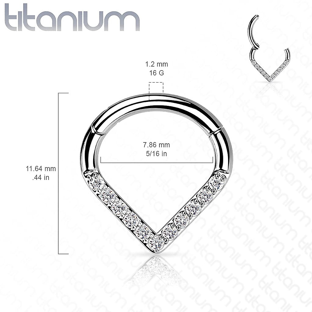 Dynamique Implant Grade Titanium Hinged Segment Hoop Ring With Single Line CZ Paved Chevron (Sold Per Piece)