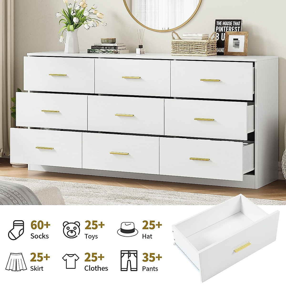 Angel Sar 9 Drawer Dresser for Bedroom, Modern White Dresser, Long Chest of Drawers with Golden Handles, Leg Free Design & Smooth Slides, Double Drawer Dresser for Closet, Sturdy Wooden Dresser
