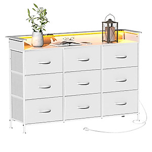 EXOTICA White Dresser with LED Light for Bedroom 9 Drawer Dressers with Charging Station Chests of Drawers for Entryway Closet Living Room Hallway Sturdy Steel Frame Wooden Top Easy Pull Handle