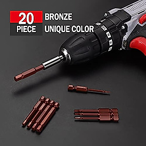 REXBETI 20 Piece Hex Head Allen Wrench Screwdriver Bit Set, Bronze SAE Metric 1/4 Inch Hex Shank S2 Steel Magnetic 2.3 Inch Long Drill Bits with Storage Box