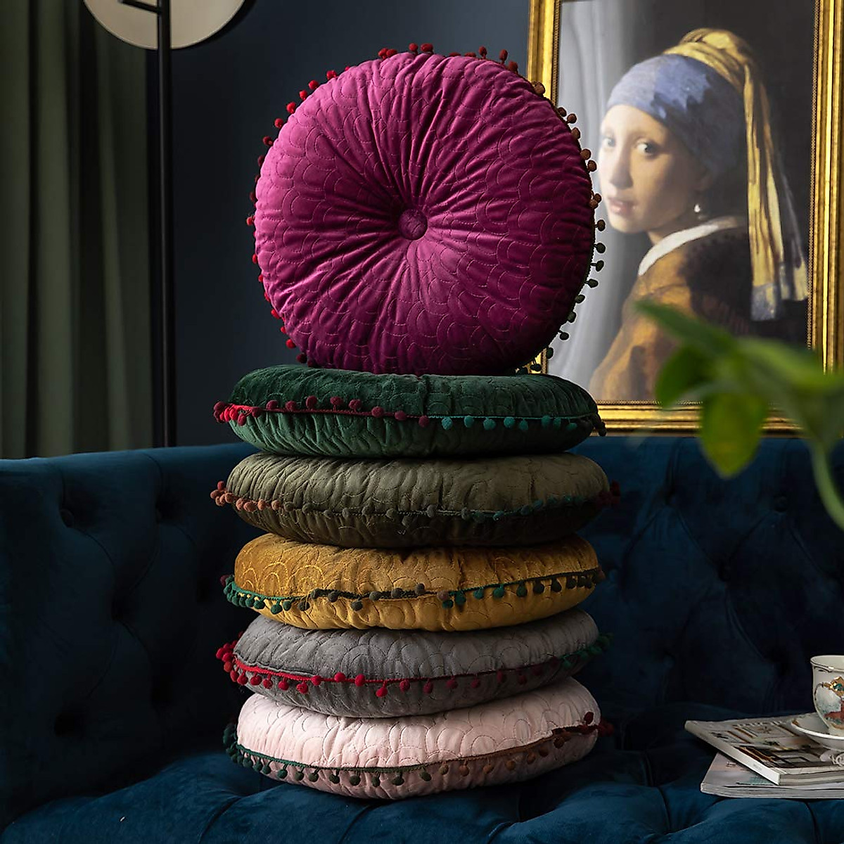 vctops Velvet Soft Round Chair Pads Cute Gradient Pom Pom Indoor Dining Chairs Cushion (Dark Green, Diameter 16")