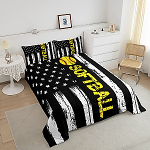 USA Flag Comforter Set Baseball Softball Bedding Set Full,White Black Striped Stars Quilted Duvet Sports Ball Game Down Comforter Retro Style for Kids Boys Teens Men Bedroom Décor with 2 Pillow Cases