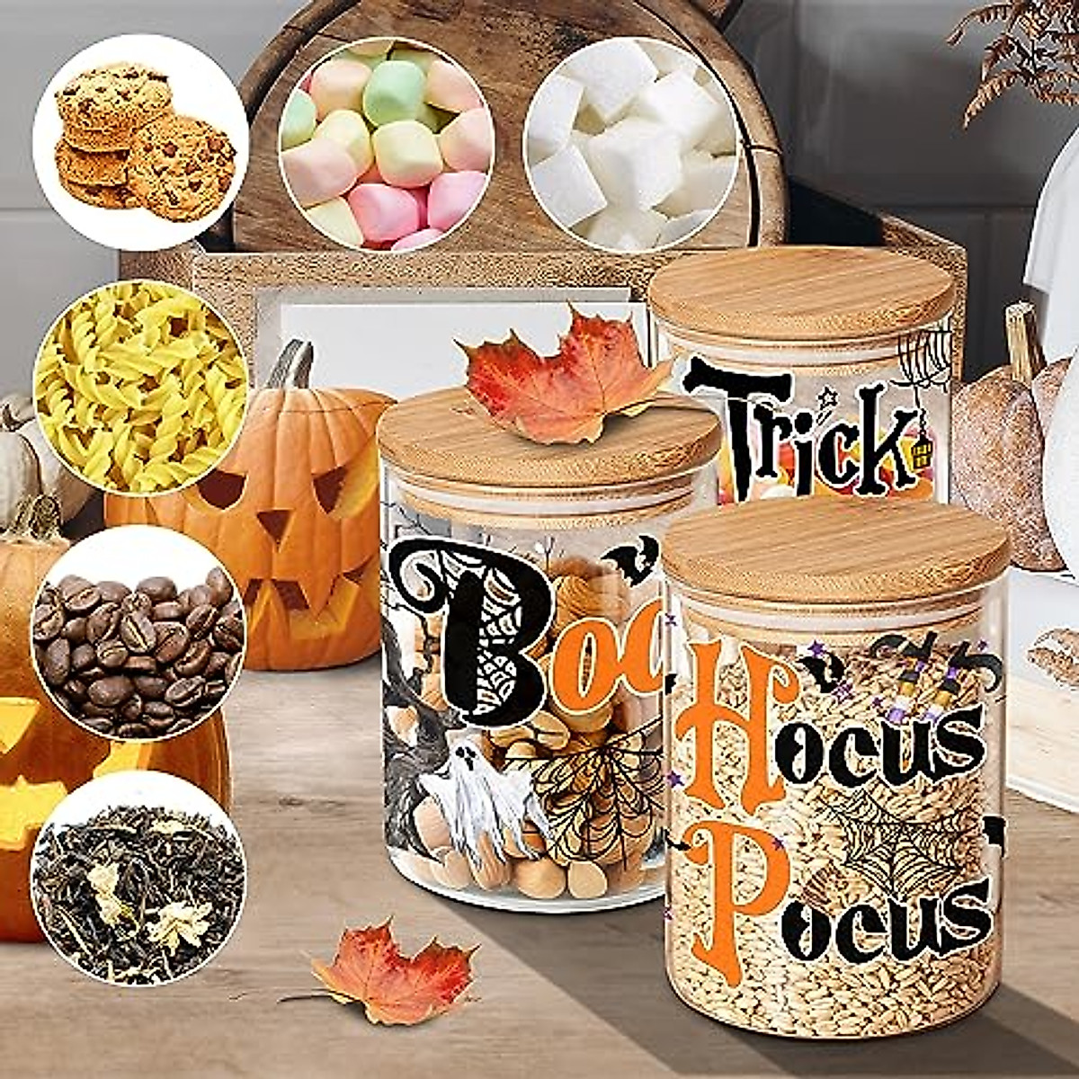 Halloween Decor 3 Pack Glass Storage Jars with Airtight Bamboo Lid - Hocus Pocus Canisters Sets for Kitchen Countertop - Clear Halloween Glass Storage Jars for Coffee Bean, Cookie, Candy, Tea, Flour