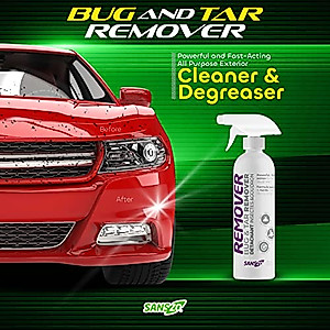 SansZo Bug and Tar Remover - Powerful and Fast-Acting All Purpose Exterior Cleaner & Degreaser - Streak Free Car Detailing Without Scratching, with Microfiber Cloth, 24 OZ