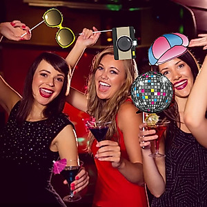 Medoore 70's Photo Booth Props, 1970s Disco Throwback Party Theme Photo Booth Props Decorations, 20 Pieces with Wooden Sticks for Hippie Party, Disco Fever Party, Woodstock Party