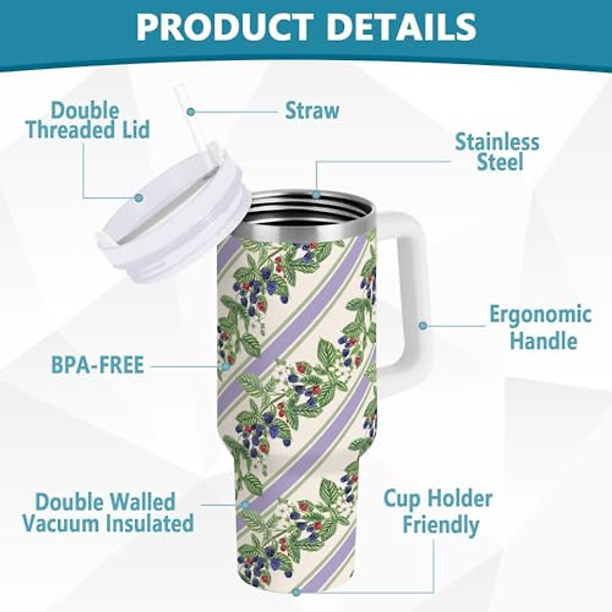 Emelivor Berries Leaves Stripes 30 oz Tumbler with Lid and Straw Insulated Tumblers with Handle Leak Proof Travel Coffee Mug Water Cup Bottles Fits in Car Cup Holder