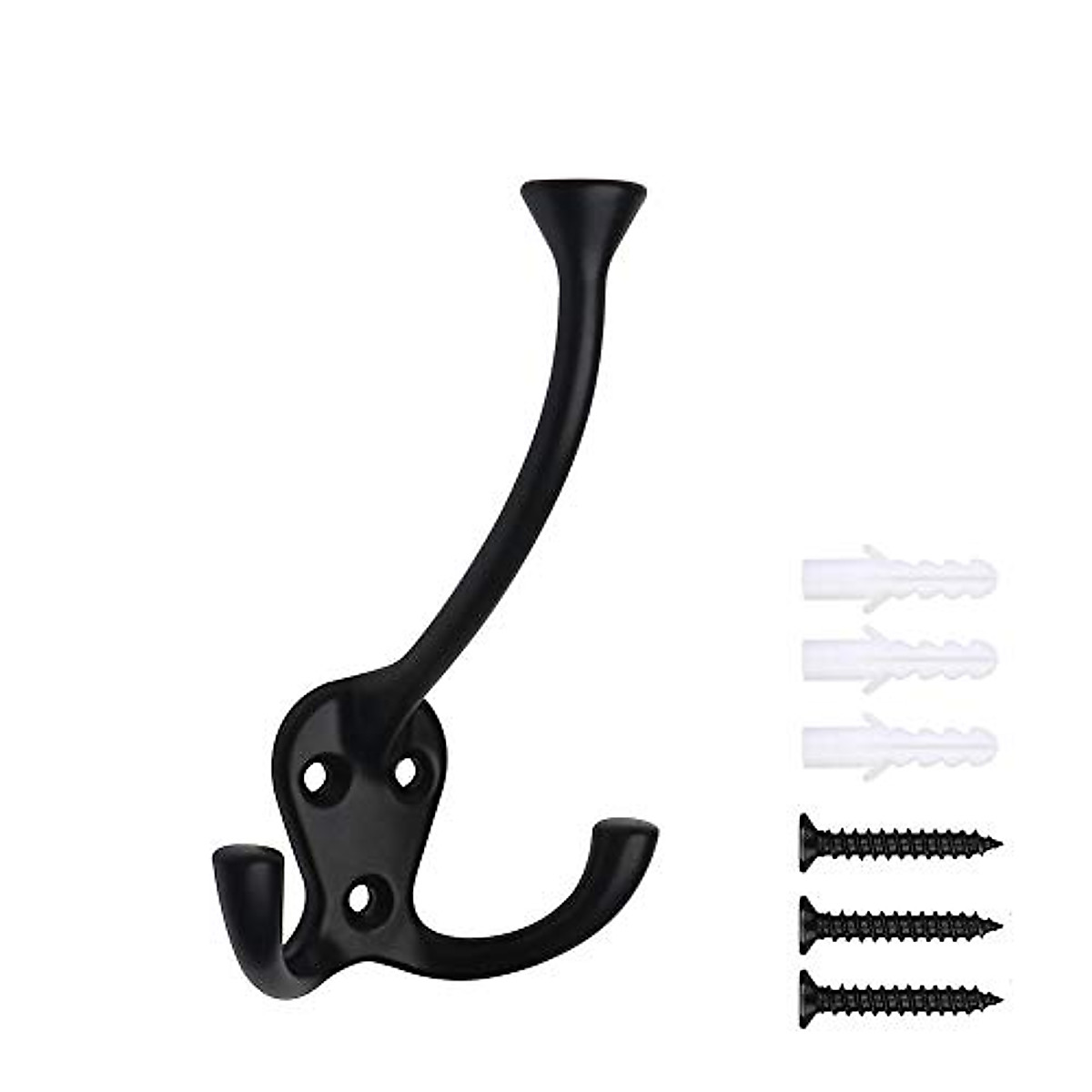 HARPOON 5 Pack Heavy Duty Three Flared Prongs Coat Hooks, Wall Mounted with 15 Screws, Retro Tri-Hook, Utility Hooks for Scarf, Bag, Towel, Key, Cap, Cup, Hat Black