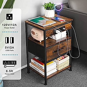 Nightstand with Charging Station Bed Side Table with Fabric Drawer 3-Tier End Table with USB Ports and Outlets Industrial Night Stand for Bedroom Living Room Vintage Brown