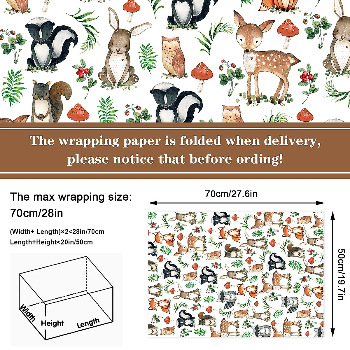 AnyDesign 12Pcs Woodland Creature Wrapping Paper Woodland Animal Eucalyptus Gift Wrap Paper Folded Flat Forest Theme Art Paper for Birthday Baby Shower DIY Crafts Gift Wrapping, 19.7 x 27.6 Inch