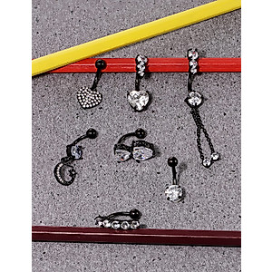 Vsnnsns 14G Belly Button Rings Belly Rings for Women Stainless Steel Belly Piercing Jewelry Surgical Steel Dangle Belly Button Rings Curved Navel Ring Barbell Heart CZ Body Jewelry Piercing Black