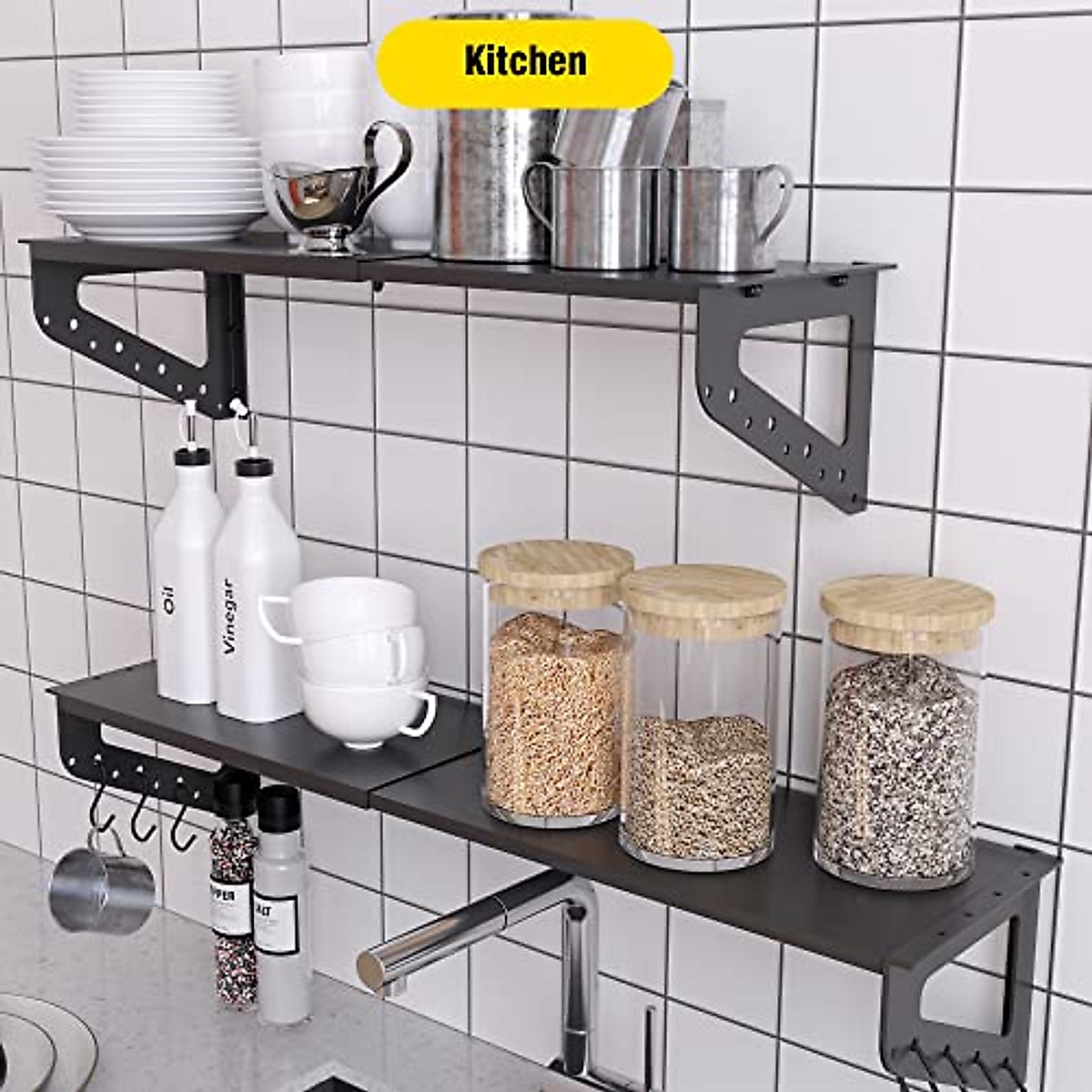 Adjustable Metal Wall Shelves, 8"x18.5"~31.5" ,120lbs Load Heavy Duty Wall Mount Storage Shelves w/ Shelf Bracket for Kitchen, Garage, Hotel, Restaurant, Bar and Utility Room (Black, 8"x18.5"~31.5")