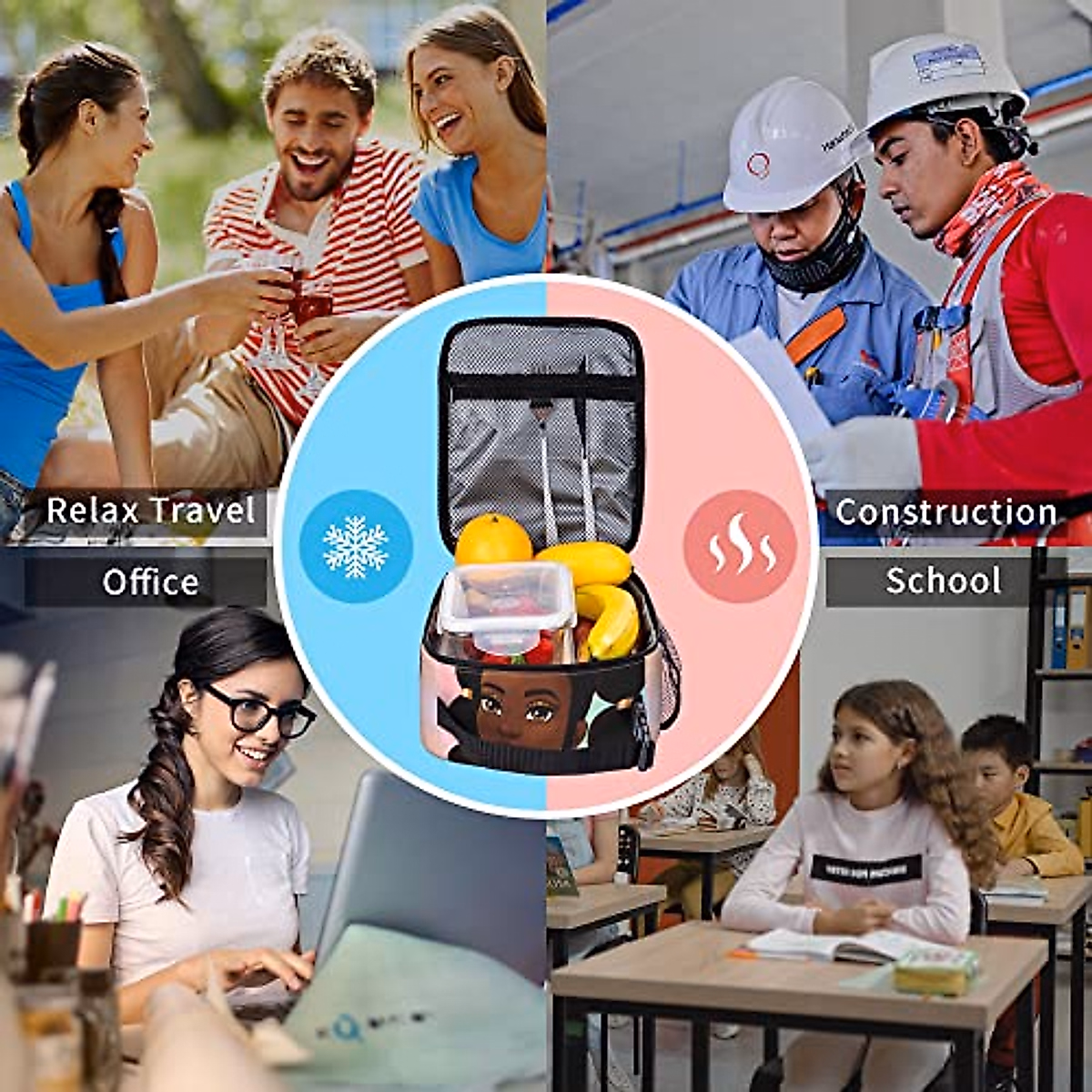 yalinan African Girl Insulated Lunch Bag Black Girl Kids Lunch Box Small Freezable Lunchbox for Teen Girls Teacher Work Middle School Picnic