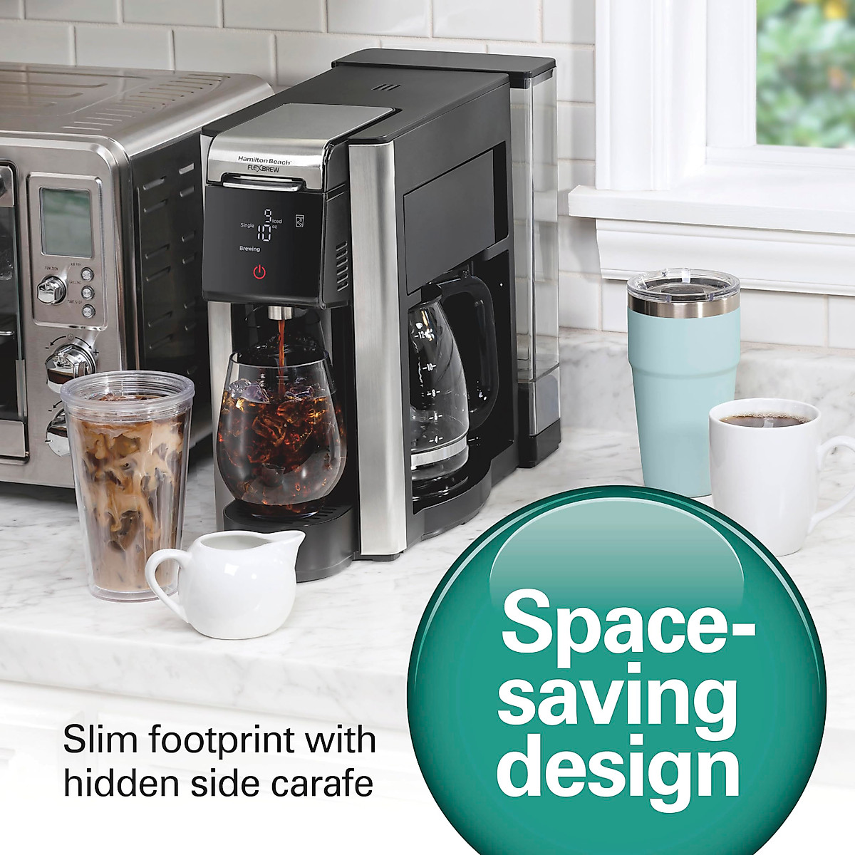 Hamilton Beach FlexBrew 5-in-1 12 Cup Drip and Single Serve Hot & Iced Coffee Maker with Movable 60 oz. Water Reservoir, Use Pod Packs and Grounds, Fast Brewing, LED Touchscreen, Black (49924)