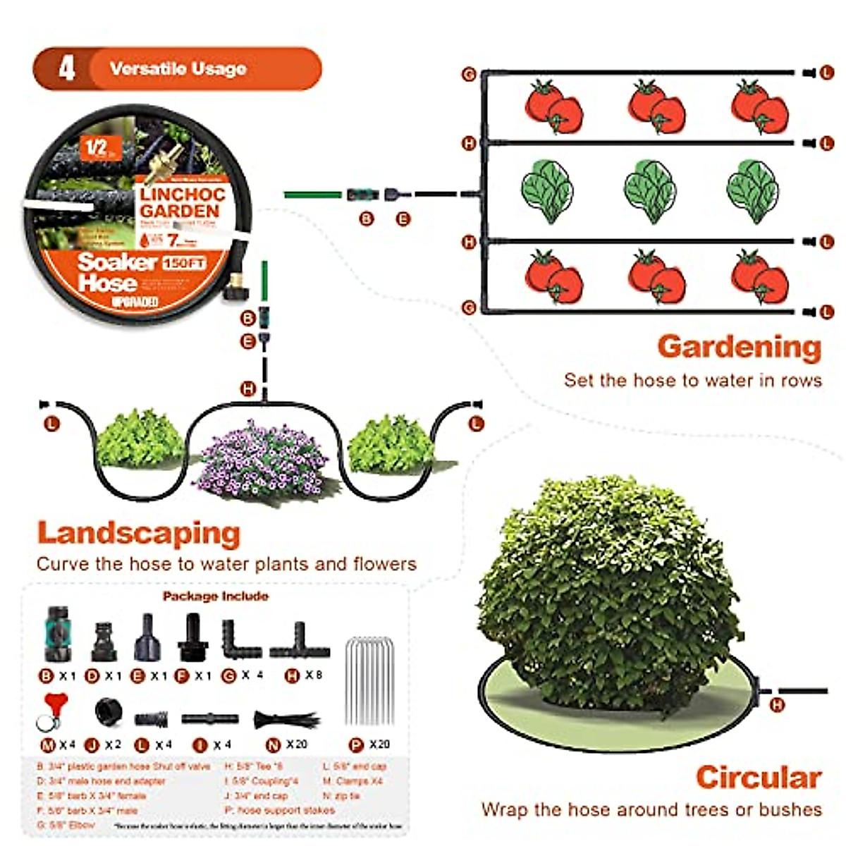 Soaker Hose 150 FT for Garden Beds,Solid Brass Connector 1/2" Round Soaker Garden Hose Kit,Heavy Duty Water Hose Great for Vegetable Beds,Lawn and Plants