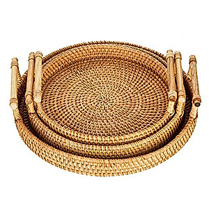 LAHERA Set of 3 Rattan Tray Decorative Serving Tray, Round Wicker Tray, Dinner Tray Table Set, Rustic Decorative Tray for Breakfast, Drinks, Snack Tray, Basket Tray, Coffee Table Tray