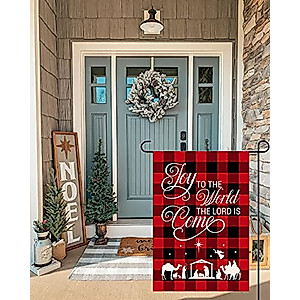 MONORD Religious Christmas Joy To The World Nativity Manger Scene Buffalo Plaid Burlap Garden Flag Vertical Double Sided, Birth of Jesus Christian Xmas Winter Yard Outdoor Decor 12 x 18 Inch