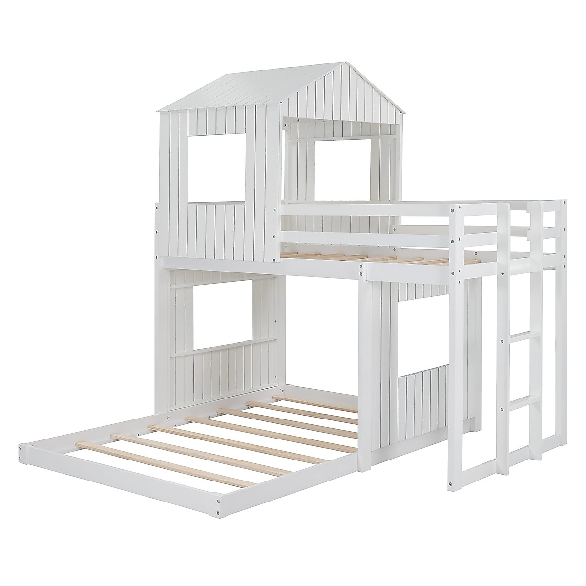 FANYHOME Twin Over Full Bunk Beds for Kids Toddlers, Wooden Play Farm House Bunk Bed with Roof Window Guardrail Ladder, for Girls Boys, No Spring Box Required, White