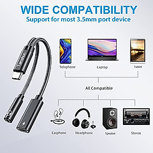 Tamshun USB C to 3.5mm Audio Adapter and Charger, 2 in 1 USB C Splitter with Audio Aux Headphone Jack, PD 60W Fast Charing Port, HiFi Stereo Adapter, Compatible with Samsung S22/S21/S20/Ultra/A53