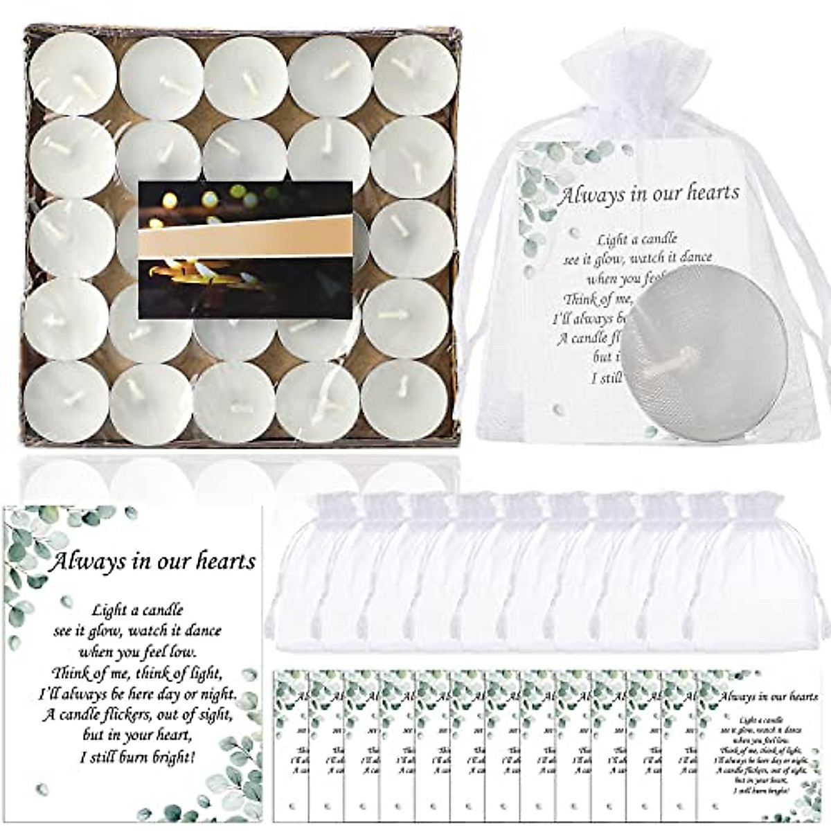 Coume 50 Set Funeral Favors Memorial Tealight Candles Unscented White Candles Funeral Gift Candles with Condolence Bereavement Cards and Organza Bags for Guest Furneral Party (Artsy)