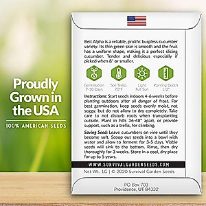 Survival Garden Seeds - Beit Alpha Cucumber Seed for Planting - Pack with Instructions to Plant and Grow Smooth Green Burpless Cucumbers in Your Home Vegetable Garden - Non-GMO Heirloom Variety