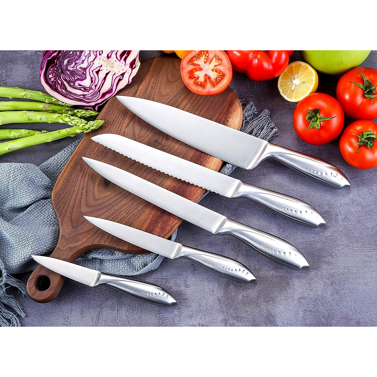 WELLSTAR Sharp Kitchen Knives 5 Piece Set, Chef Carving Bread Utility Paring Knife + Come Apart Heavy Duty Chicken Meat Scissors Shears with German Stainless Steel Blade + Universal Knife Block Holder