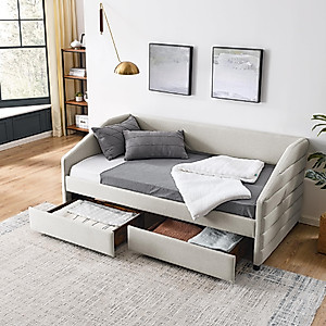 Twin Daybed with Storage Drawers, Upholstered Twin Size Daybed Frame, Modern Sofa Day Bed Frame with Curved Armrests, Linen Fabric Bedroom Furniture Bedframe, No Box Spring Needed (Twin, Beige)