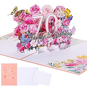 70th Birthday Card for Women, 70th Birthday Gift Greeting Card for Her, Mom, Wife, Grandma Flower Popup Happy Birthday Card with Blank Note and Envelope