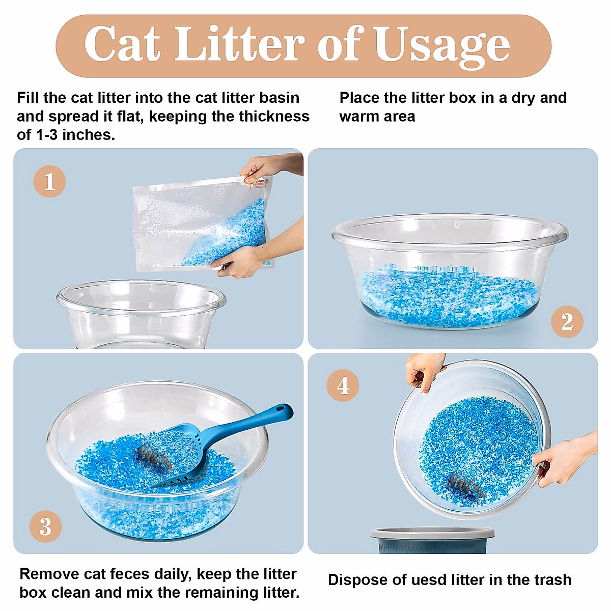 Sukh 14.8 OZ Crystal Cat Litter - Cat Litter Crystals Premium Blue White Clear Dust-Free Low Tracking,Odor Control Litter Crystals Silica Gel Color Particles Water Absorption Cats Litter Pet Supplies