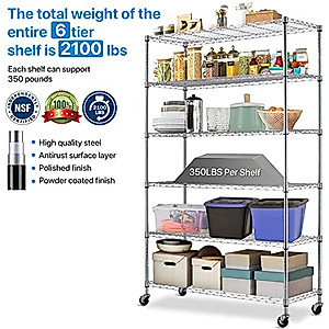Wire Shelving Unit with Wheels, 6 Tier Adjustable Metal Shelving Heavy Duty Storage Shelves 2100 Lbs Capacity 48" L X 18" W X 82" H Metal Shelf for Pantry Kitchen Basement, Chrome