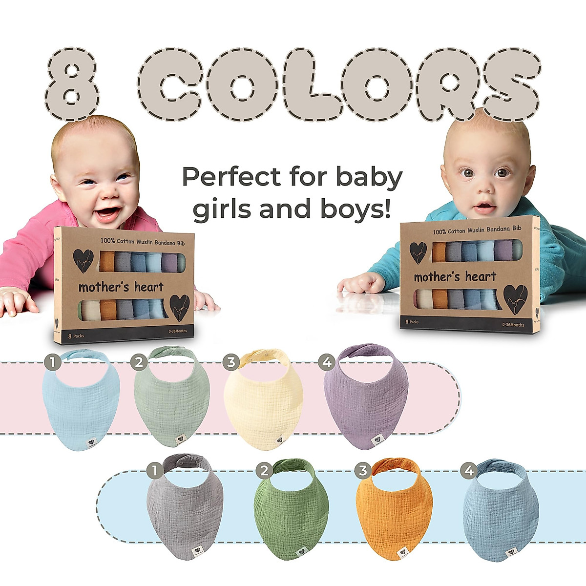 Mother's Heart Bandana Drool Bibs - Natural Cotton Muslin Baby Bibs - Set of 5 for Boys