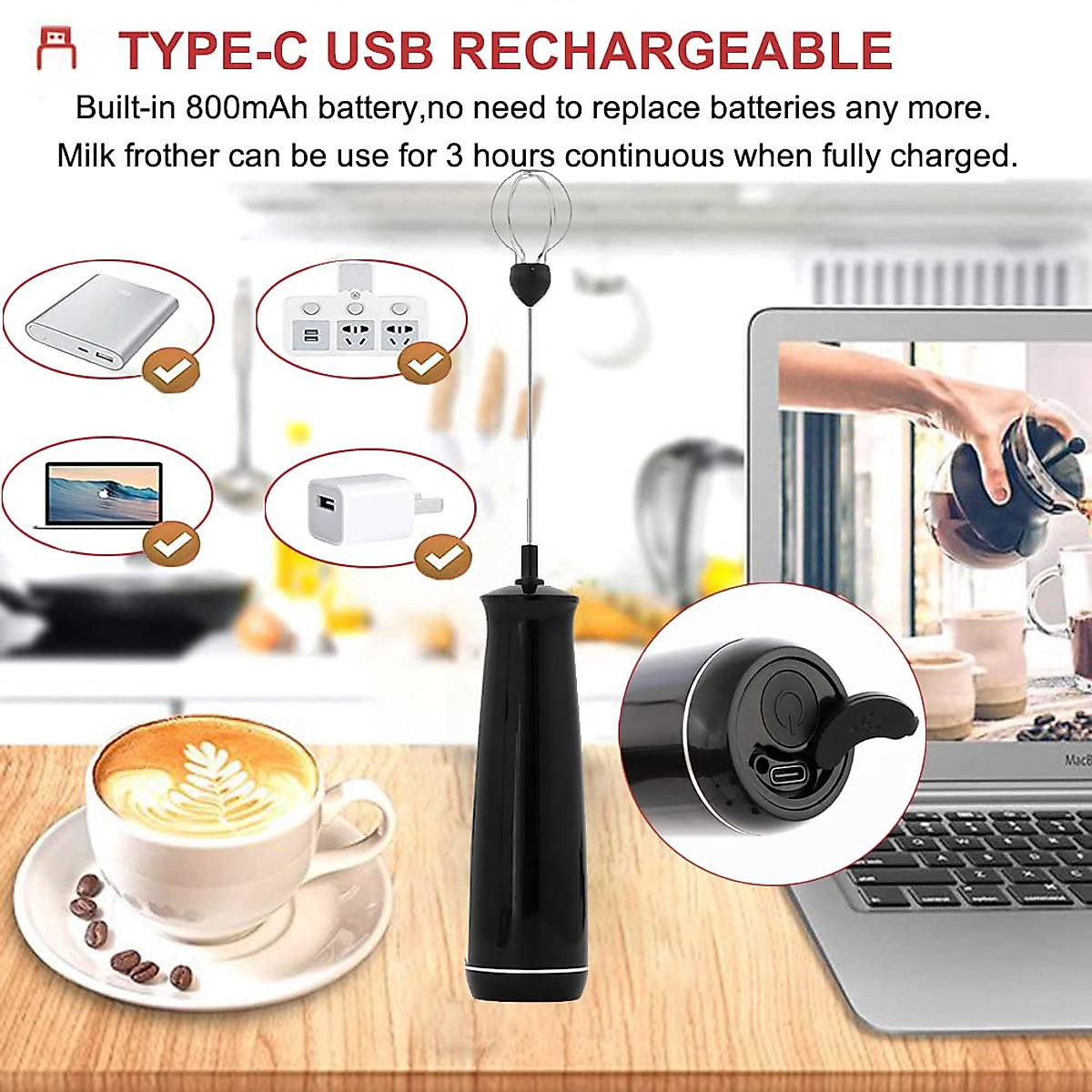 Milk Frother Handheld, Mini Electric Coffee Frother with Double Whisk, Overheat Protection Portable USB Rechargeable Foam Maker 3 Speed Adjustable Egg Beater Drink Mixer Immersion Blender Cordlesss